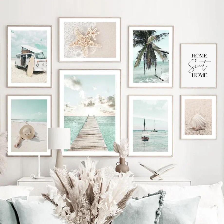 Camper Beach Shell Parasol ปาล์มปลาดาว Trestle Wall Art ภาพวาดผ้าใบ ...