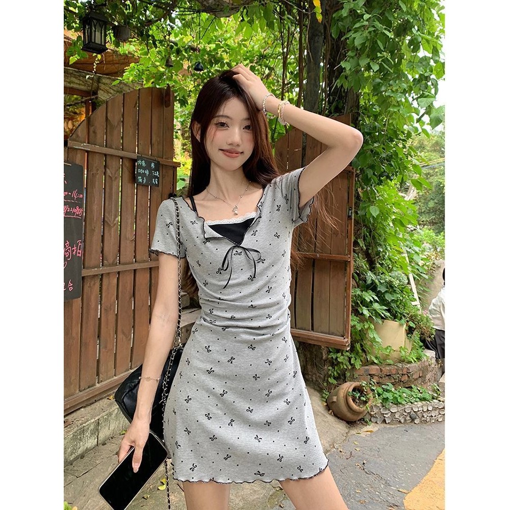 S283 ชุดเดรสแขนสั้นพิมพ์ลายโบว์สองชิ้นปลอมหญิงลูกไม้เอวแคบ A-Line ยาวสกี | Shopee Thailand