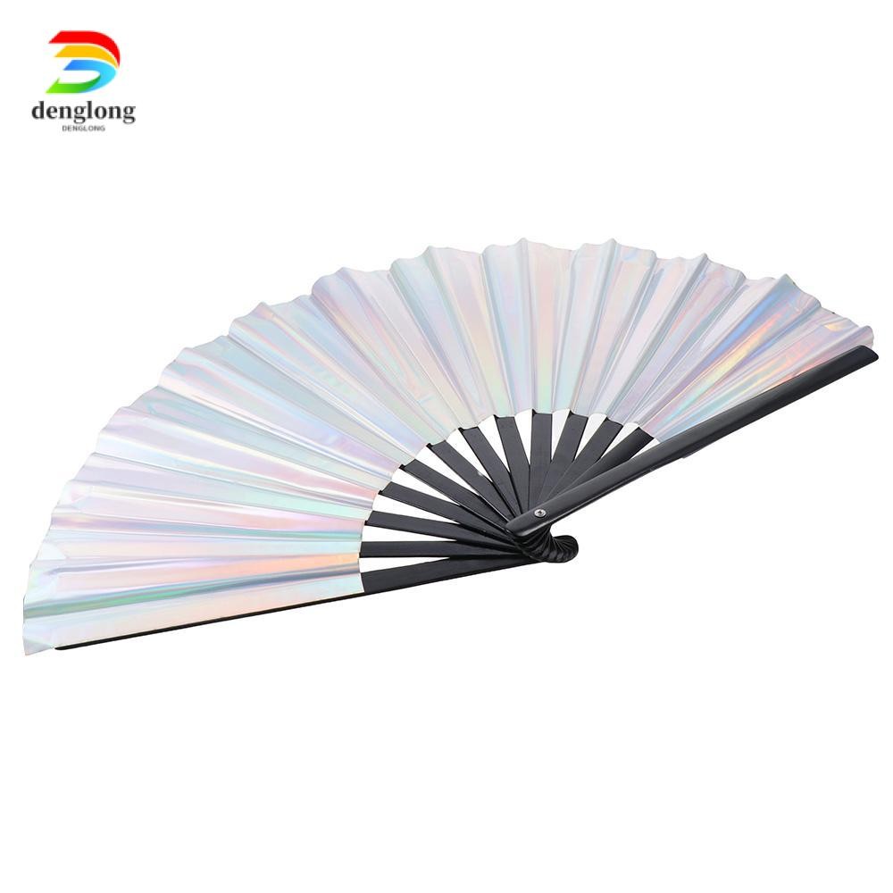 TENGLONG Silver Laser Rave Hand Fan, Silver Bamboo Large Folding Hand ...