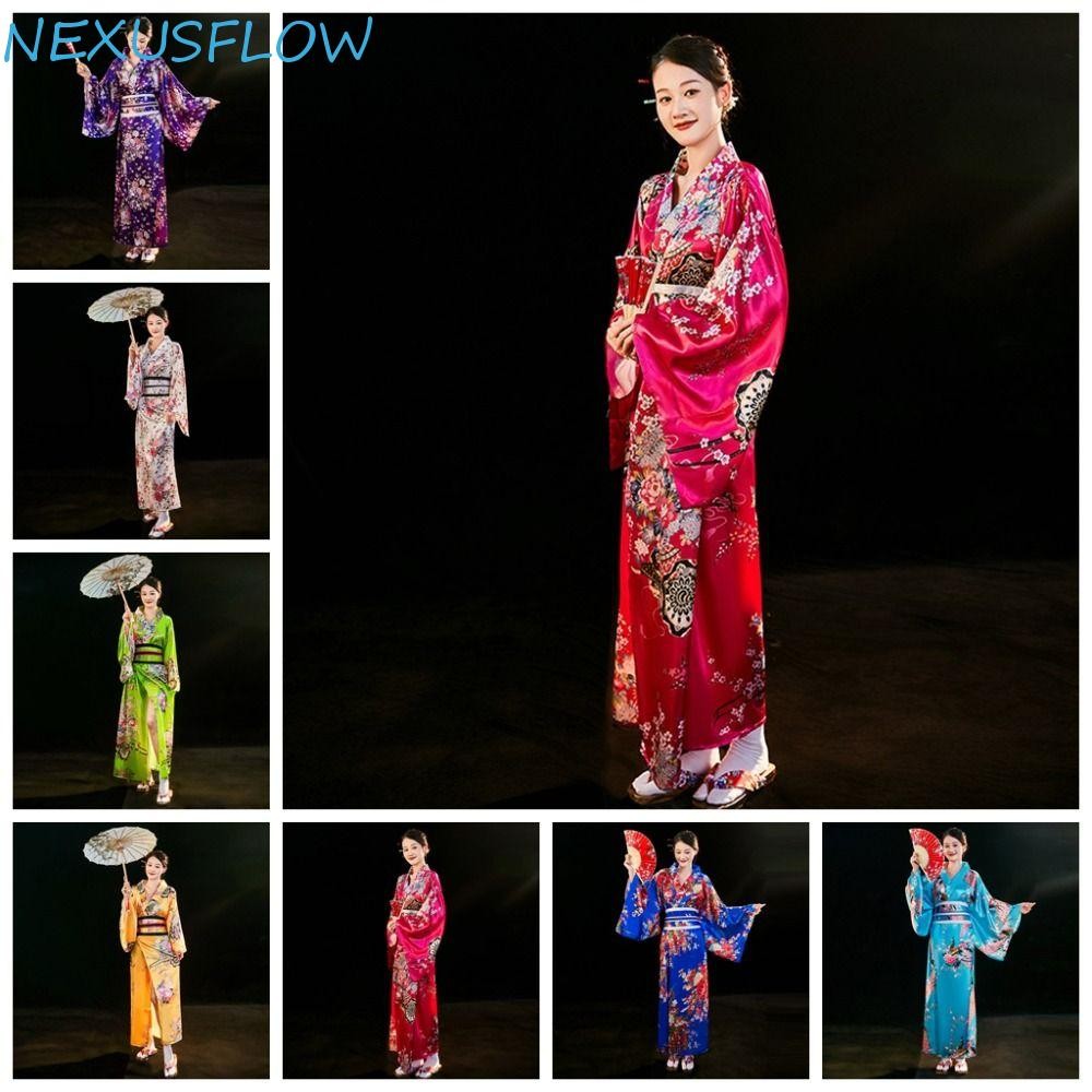 NEXUSFLOW ชุดกิโมโนญี่ปุ่นแบบดั้งเดิม พิมพ์ลายดอกไม้ซากุระ เครื่องแต่งกายสำหรับคอสเพลย์และเกอิชา ...