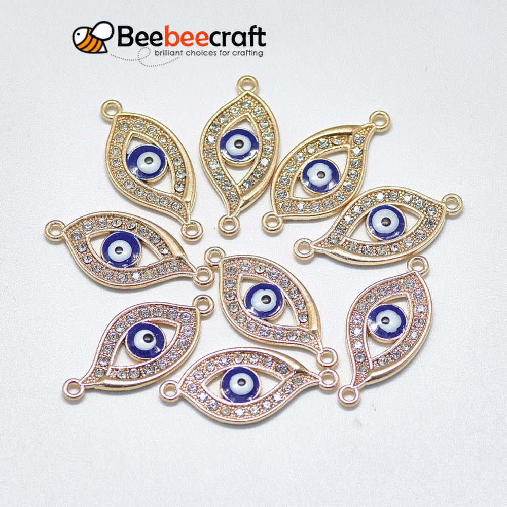 ลิงค์โลหะผสมชุบทองแสง 10 ชิ้นพร้อม Rhinestone และเคลือบ Evil Eye Blue ...