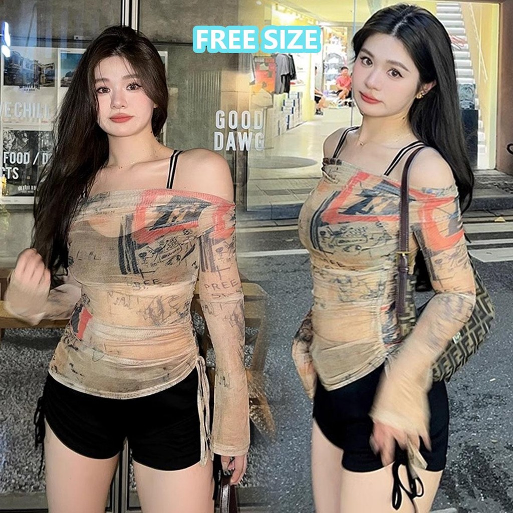 MIMI&DIDI#เสื้อยืดเปิดไหล่แขนยาวผู้หญิง แฟชั่นย้อนยุค ทรงเข้ารูป ตาข่ายยืดซีทรูพิมพ์ แต่งเชือก ...