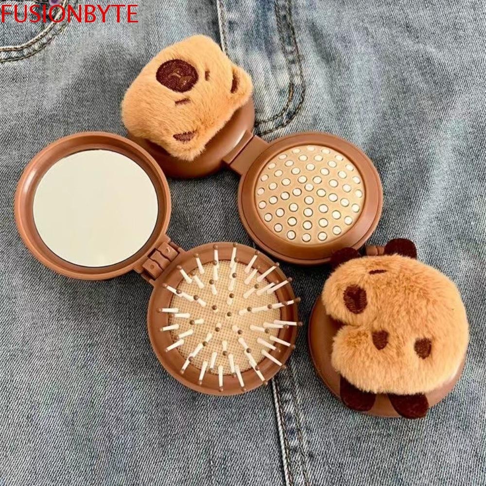 Fusionbyte พับ Capybara Air Cushion หวี, พับ Anti Static 2 in 1 หวีกระจกชุด, การ์ตูนประณีตทนทาน ...