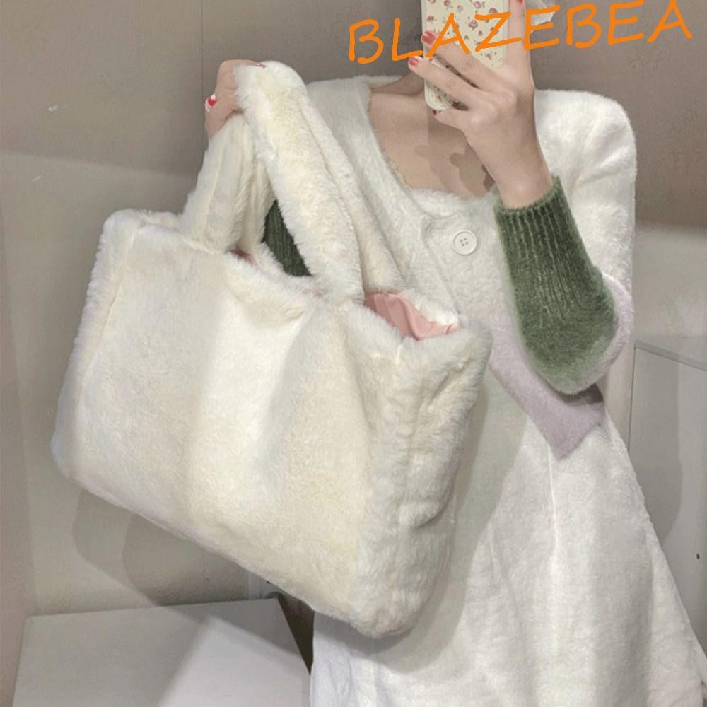 Blazebea กระเป๋าโท้ตขนเทียม, กระเป๋าโท้ทตุ๊กตาขนยาวนุ่มสไตล์เกาหลี, แฟชั่นทุกวันโรงเรียนกระเป๋า ...