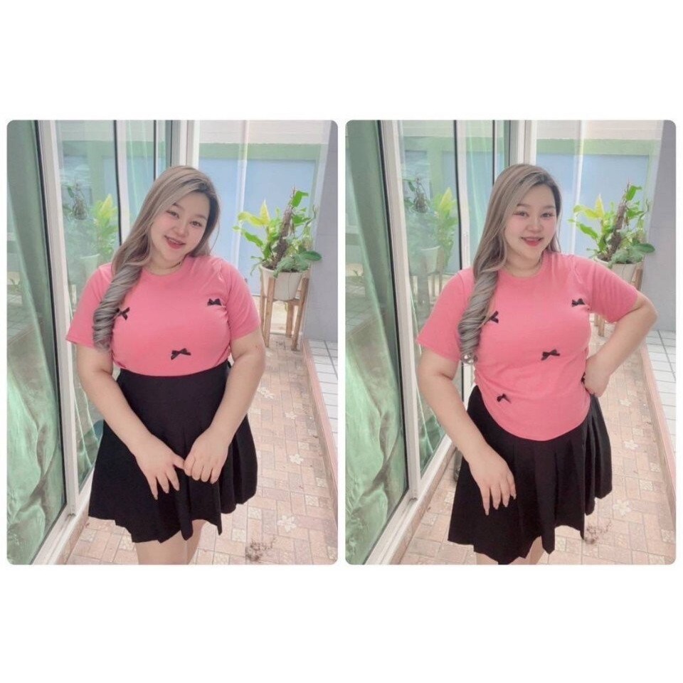 MK67 เสื้อยืดสาวอวบ คอกลม แขนสั้นเย็บแต่งโบว์ริบบิ้นน่ารัก ชายเสื้อโค้ง ...