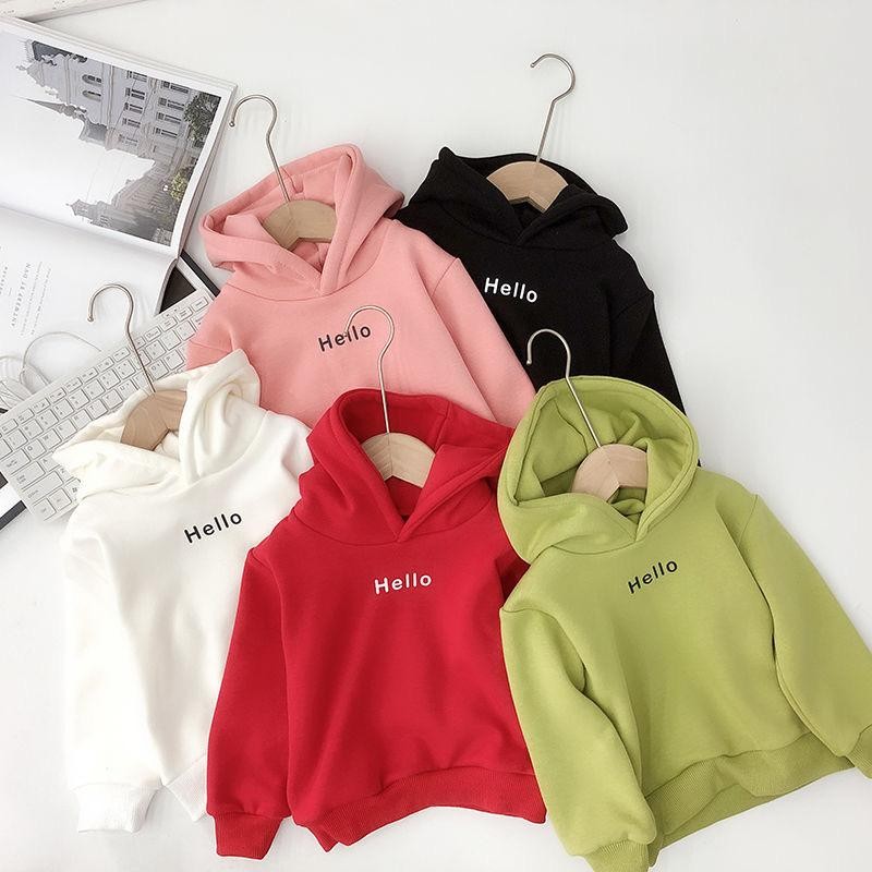พร้อมส่ง เสื้อฮู้ดเด็กแบบสวม Hello ผ้าหนาๆ ใส่อุ่น (Chood PinkHello ...