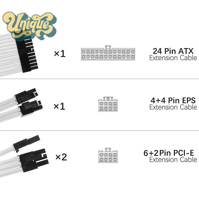 (Unique) Psu ATX 24Pin Extension Cable Nylon Braided 8-pin 6 + 2pin ...