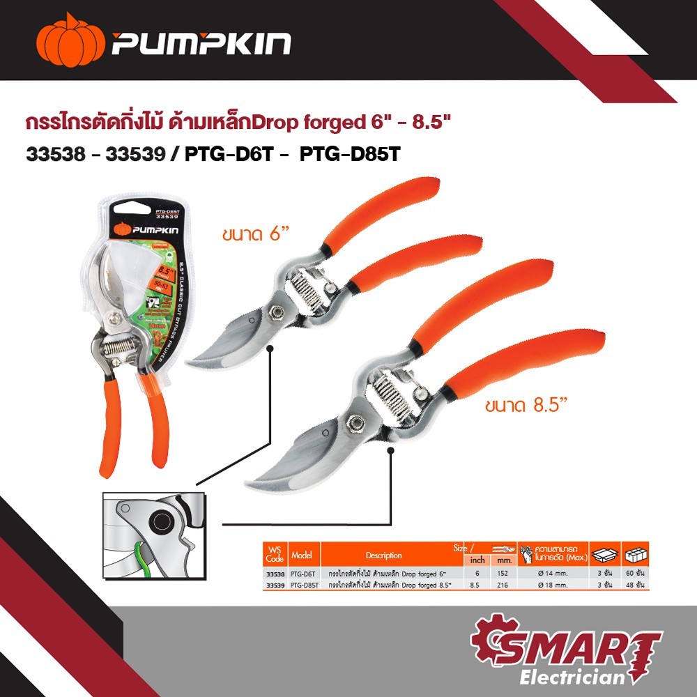 PUMPKIN กรรไกรตัดกิ่งไม้ กรรไกรอเนกประสงค์ ด้ามเหล็ก ขนาด 6 8 8.5 นิ้ว ...
