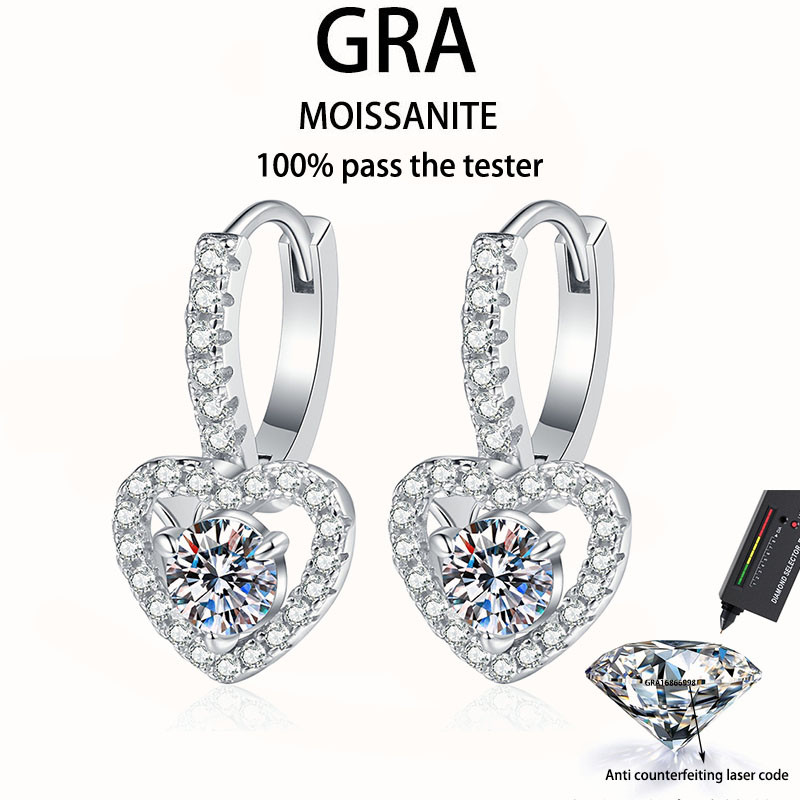 ใบรับรอง GRA ติดต่างหู moissanite 1 กะรัต, s925 เงินแท้เคลือบด้วยไฟฟ้าแพลทินัมรูปหัวใจต่างหู ...