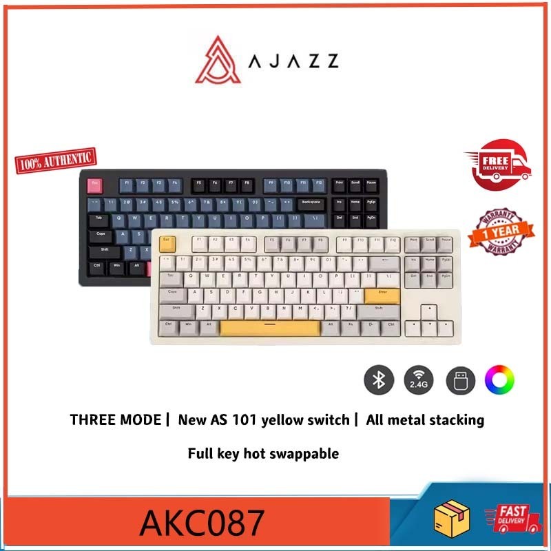 Ajazz Akc087 คีย์บอร์ดเชิงกลเกมสามโหมด,หมวกกุญแจ PBT,โครงสร้างซ้อนโลหะ,ปลั๊กร้อนแบบเต็มคีย์,RGB ...