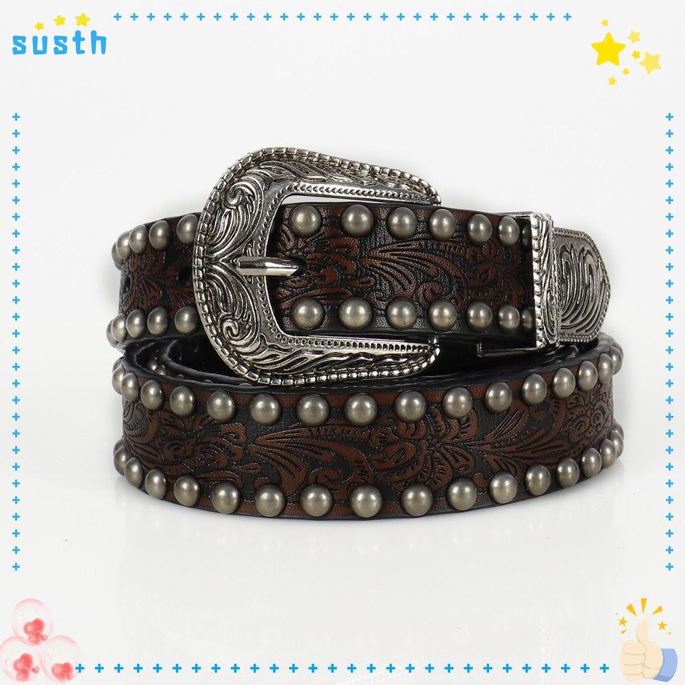 Susth เข็มขัดหมุดกลม, สายรัดเอวแกะสลักฮาราจูกุสุดชิค, เข็มขัดหนัง PU ...