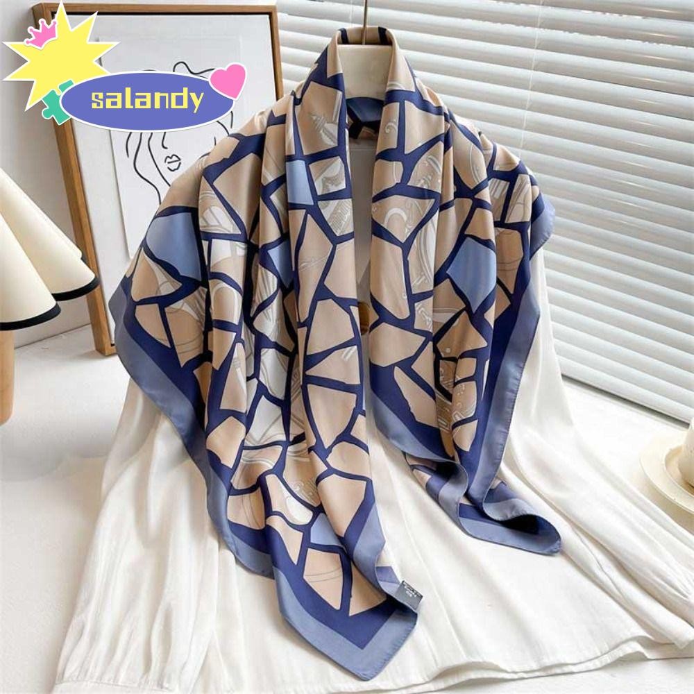 Salandy 90x90 ซม. ผ้าพันคอไหม, ผ้าคลุมไหล่ชายหาดพิมพ์ลายหรูหรา ...
