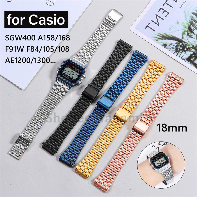 18 มม.สายนาฬิกาโลหะสําหรับ Casio SGW400 F91W F84 F105 F108 A158 A168 AE1200 AE1300 5-bead สาย ...