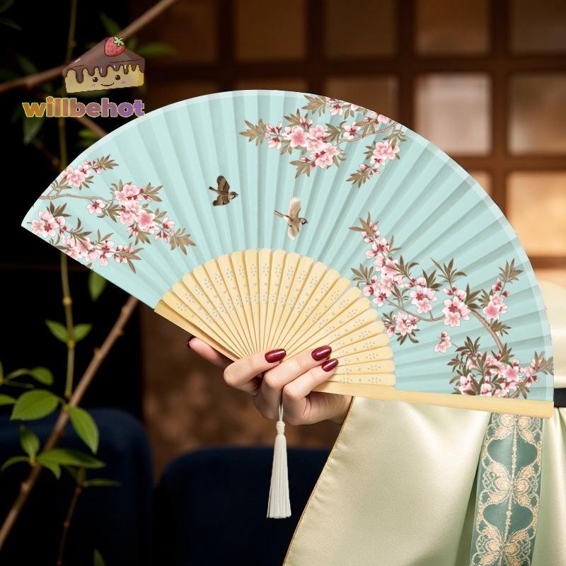 [Willbehot-t] พัดลมพับมือแบบพกพาใหม่สไตล์จีน Dance Props Retro Shell พัดลมผู้หญิงผู้ชายไม้ไผ่ไม้ ...