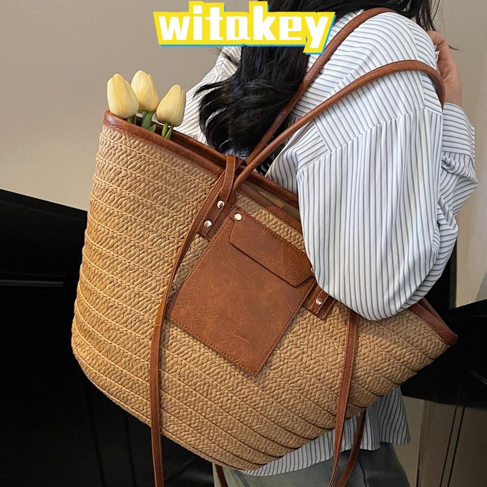 WITAKEY กระเป๋าตะกร้าฟาง แบบวินเทจ พร้อมสายสะพาย ดีไซน์ทรงวงกลม มีความจุมาก เหมาะสำหรับวันหยุด ...