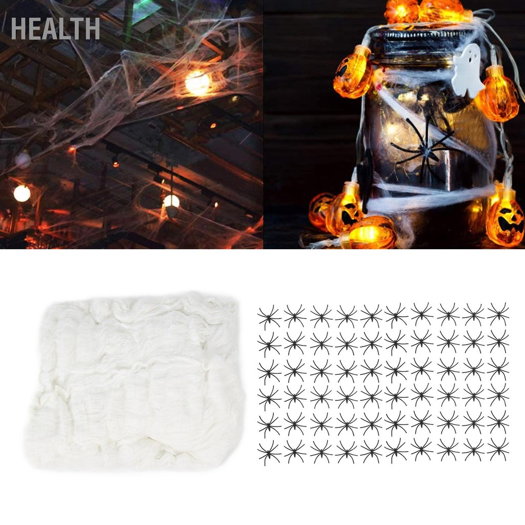 Health 240g ฮาโลวีนยืด Spider Webs ในร่มกลางแจ้ง Spooky Cobwebs 60pcs ...