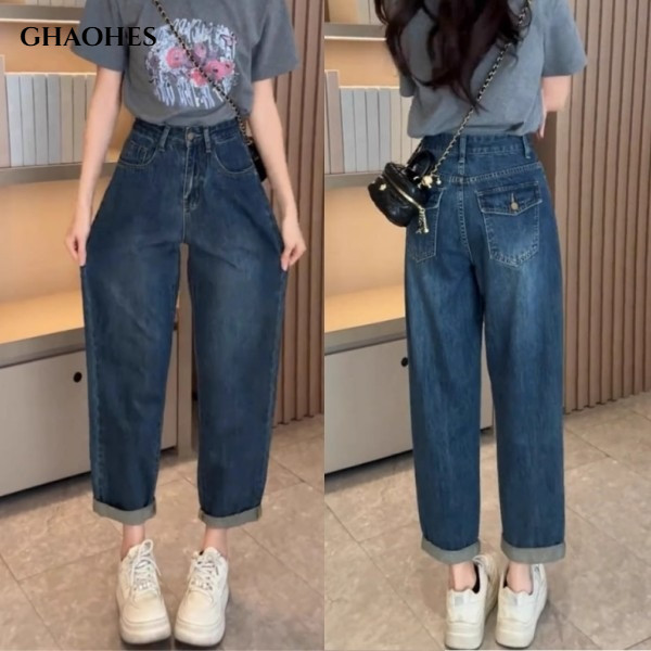 GHAOHES กางเกงยีนส์กระบอกตรง9ส่วน สีน้ำเงินเข้ม #6629 | Shopee Thailand