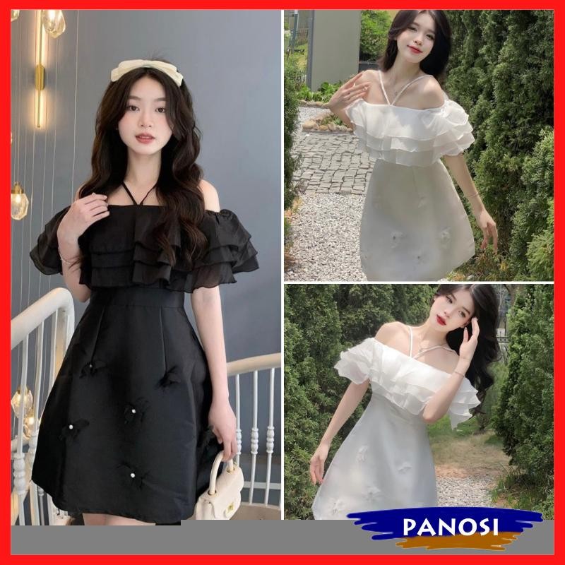 เดรสมิดิเปิดไหล่สวยสุดๆ เดรสคล้องคอเปิดไหล่ประดับมุกหรูหรา V249 PANOSI | Shopee Thailand