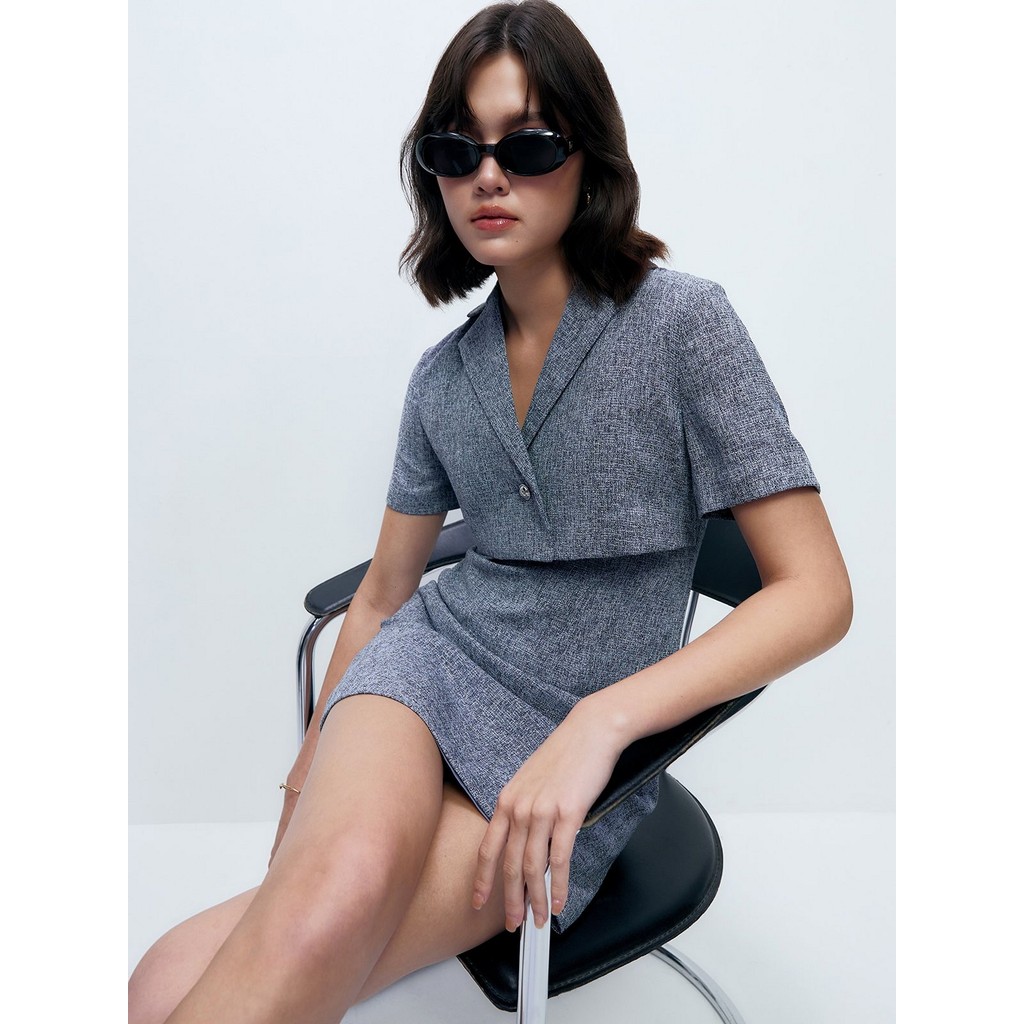[Pomelo] มินิเดรสแขนสั้นผ้าทวีดแต่งดีเทลเลเยอร์ / Layered Tweed Short ...