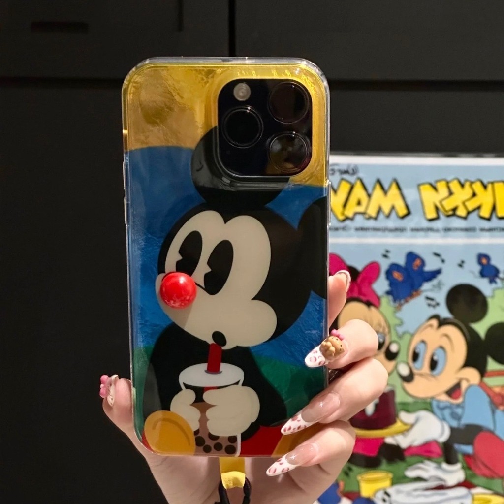 น่ารักดื่มชานมจมูกสามมิติ Mickey Apple 15/14 เคสโทรศัพท์ 13/12 ขอบตรง ...