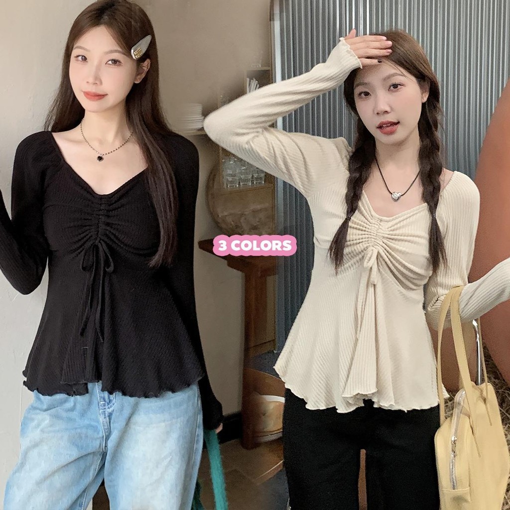 mimi&didi#เสื้อยืดแขนยาวไหมพรมแฟชั่น คอวี มีเชือกผูก เสื้อทรงเข้ารูปและใช้งานได้หลากหลาย วินเทจ ...