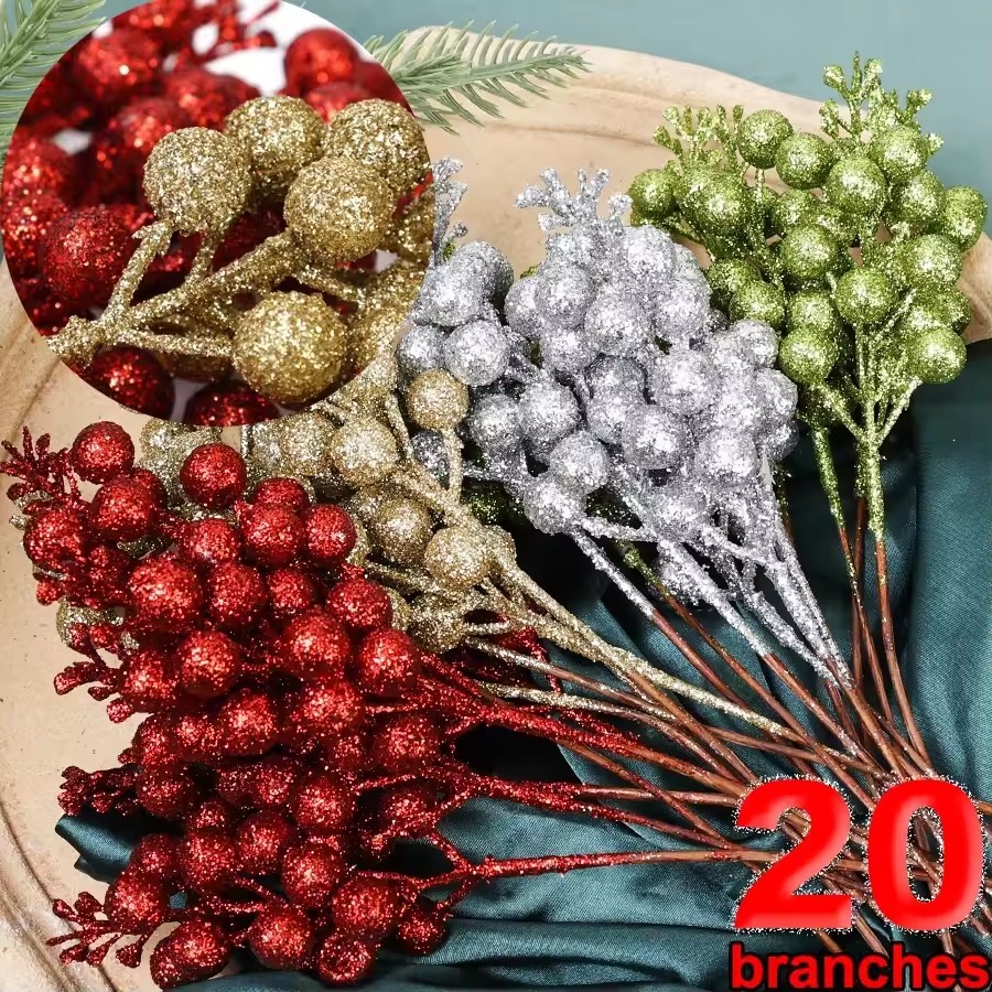 ช่อดอกไม้ Glitter Berry ยาวนาน - สีแดงและทอง Holly Twigs - จอแสดงผลตั้ง ...