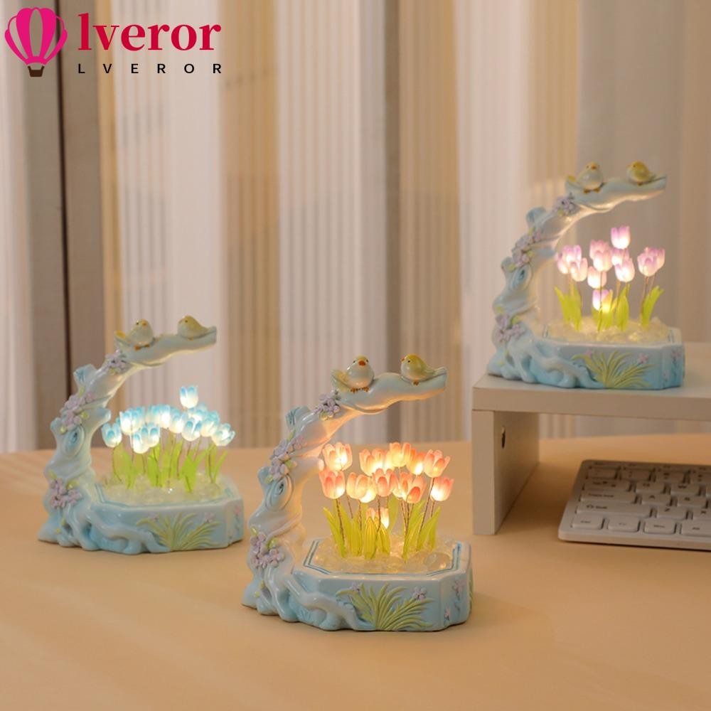 Lveror ทิวลิปดอกไม้นกตารางโคมไฟ,ทําด้วยมือ DIY วัสดุแพคเกจจําลอง Tulip Night Light, แฟชั่นครบรอบ ...