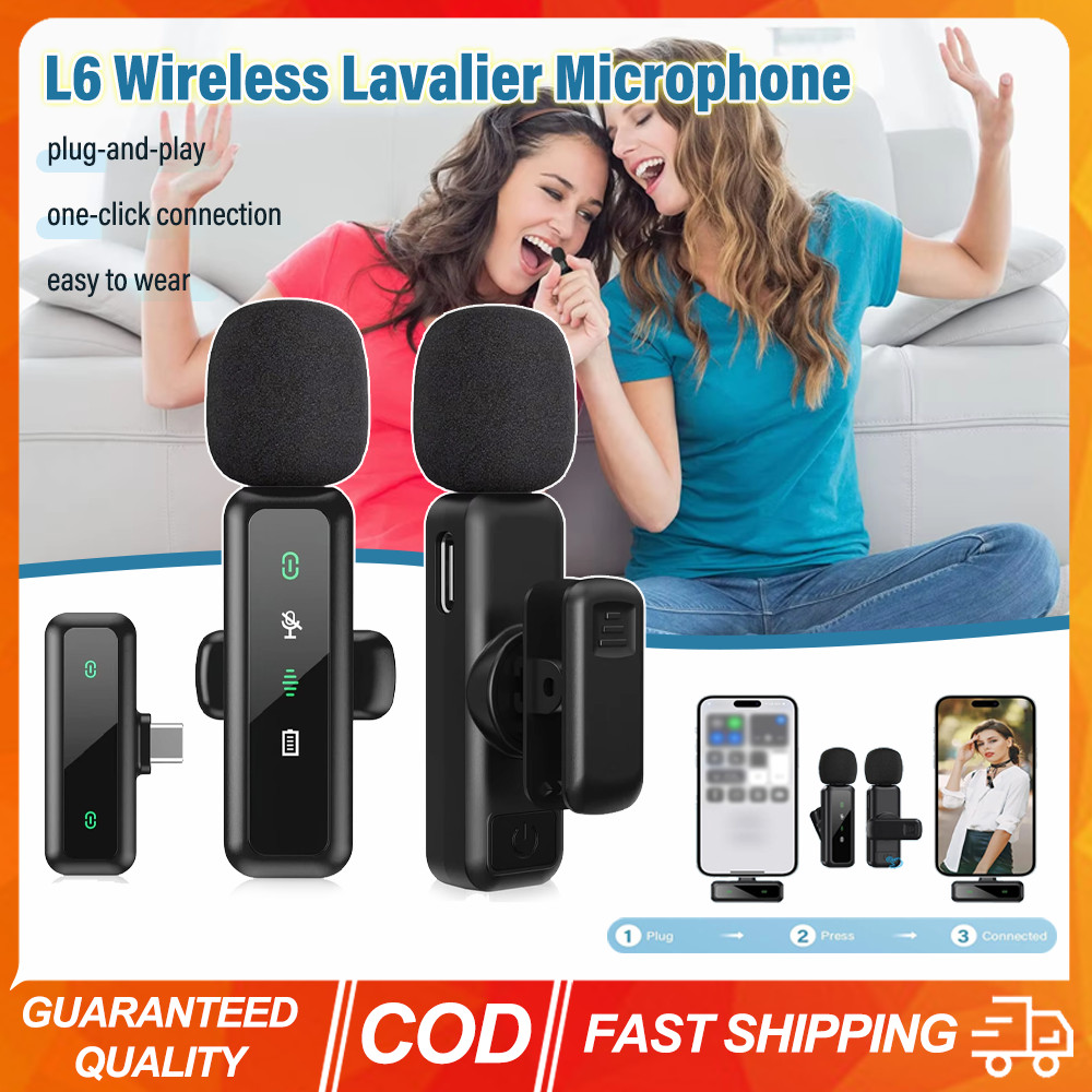 (COD) L6 ไมโครโฟนไร้สายแบบหนีบเสื้อสําหรับโทรศัพท์ PC Audio Video Recording Noise Cancelling ...