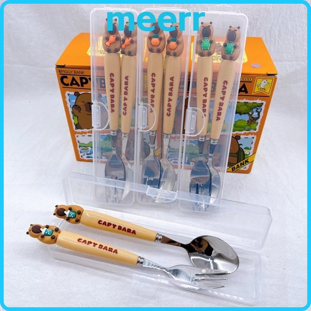 MEERR ชุดช้อนส้อมชุดอาหารเย็น, Capybara 304 ชุดช้อนส้อมสแตนเลส, การ์ตูนน่ารักเดินทางแบบพกพาบน ...