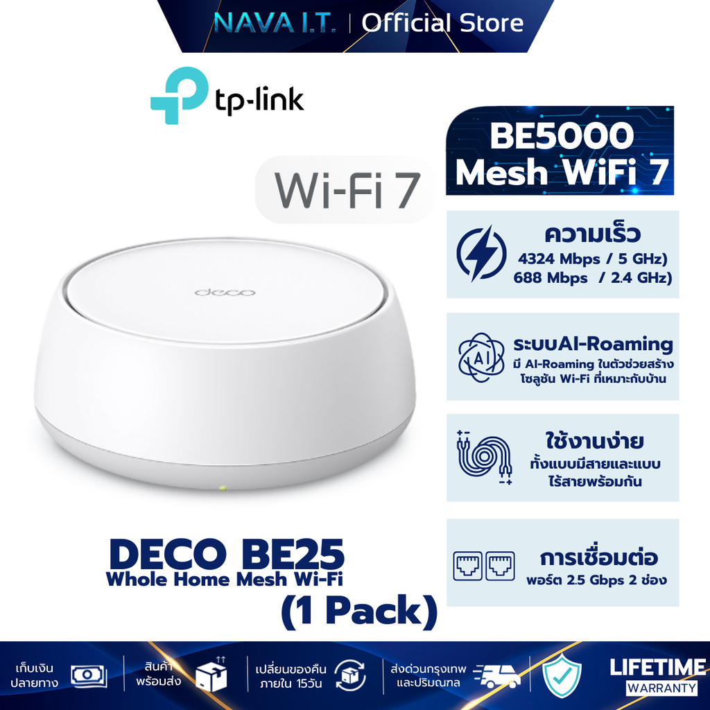 TP-LINK Deco BE25 (1-Pack) Wi-Fi 7 BE5000 Whole Home Mesh System ประกัน ...