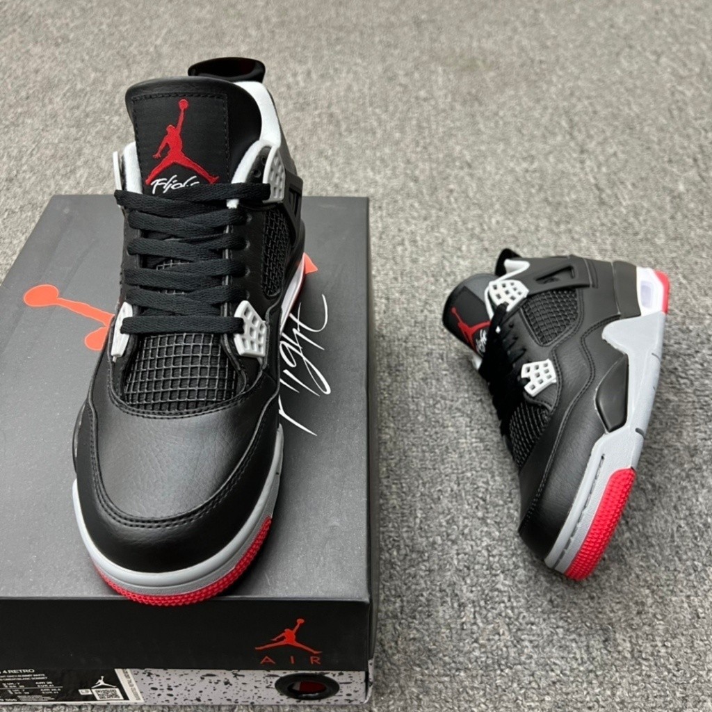 JORDAN AIR JORDAN 4 Retro Bred High-Top Retro Basketball Court GS สีดำ ...