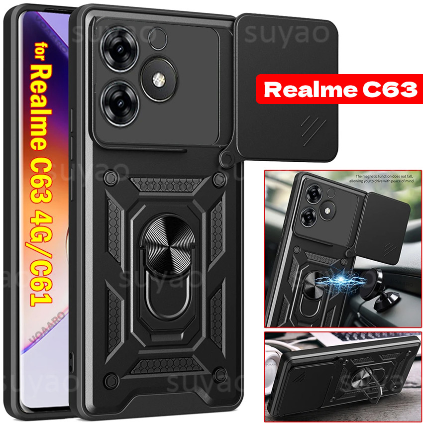 สําหรับrealme C63 C61 C65 C67 C55 C53 C51 หมายเหตุ 50 4G 2024 เคสโทรศัพท์แหวนขาตั้งปลอกเลนส์Push ...