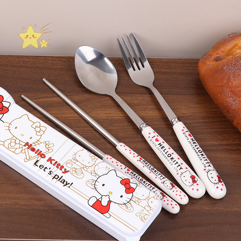 [JBTH] Kawaii Hello Kitty Chops ช้อนส้อม Sanrio KT แมวชุดอาหารเย็นแบบ ...