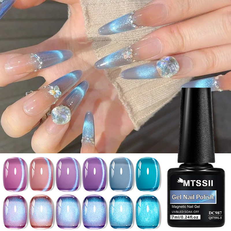 MTSSII 7ml เรืองแสงสีฟ้าแม่เหล็กเจลเล็บ Soak Offf Cat Eye Gel Glitter UV LED เล็บเจลเคลือบเงา ...