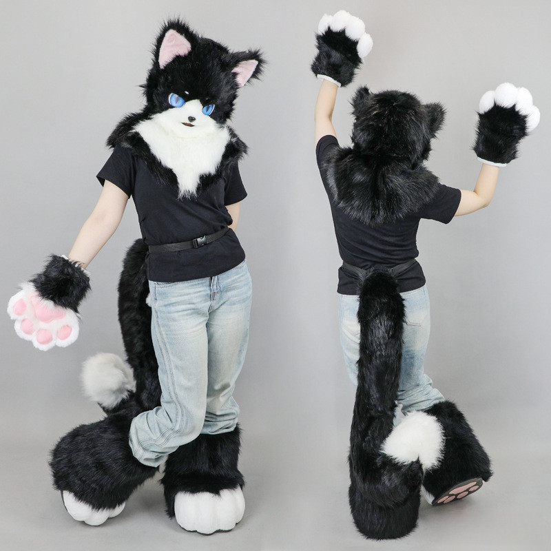 Kigurumi Furry Black & White Meow BEAST costume: พร้อมหน้ากากหางและกรง ...