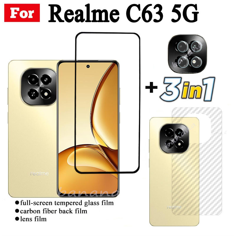 3 IN 1 Realme C63 5G ฟิล์มกระจกนิรภัยสําหรับ Realme C61 C60 คลุมทั้งหมดป้องกันหน้าจอกระจก ...