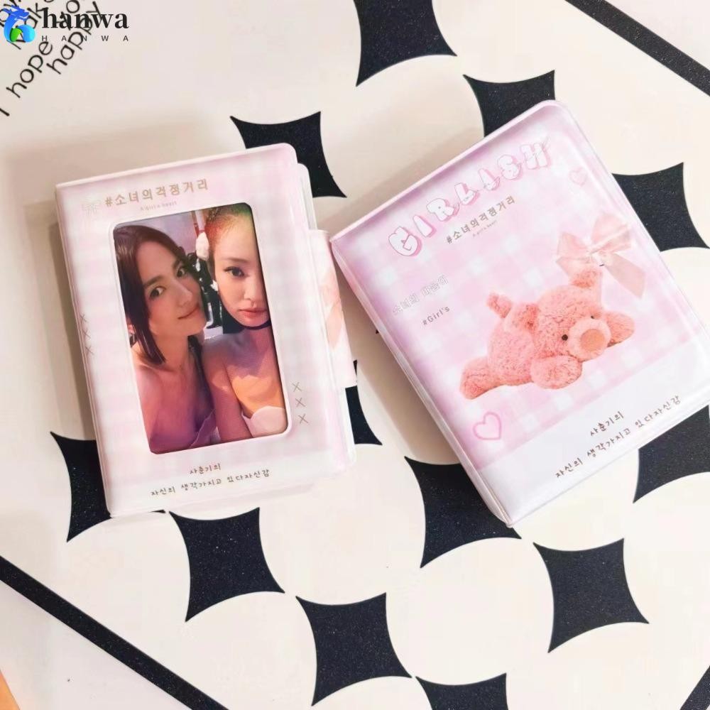 HANWA Photocard Binder, PVC Pink Bear Card Album, พร้อม 16 หน้าภายใน Love Bow 3 นิ้ว Mini ...