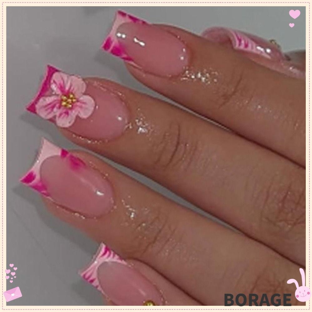 BORAG เล็บปลอม,ดอกไม้สีชมพูและลายเล็บปลอมฝรั่งเศส,ที่ถอดออกได้ยาว Ballerina คลุมทั้งหมดเล็บเคล็ด ...