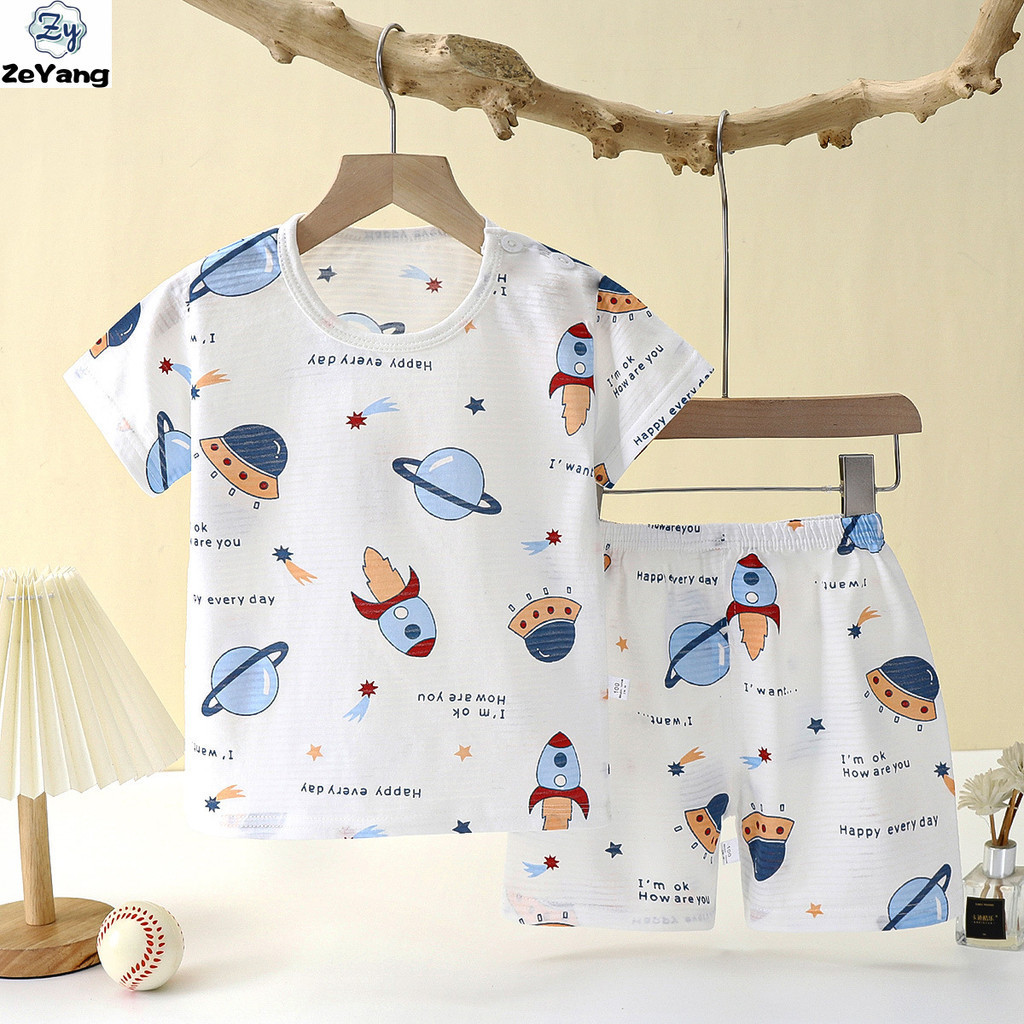 [ZY] 60-130 ซม.พร้อมสต็อกเด็ก Slub ผ้าฝ้ายแขนสั้นชุดผ้าฝ้ายแท้เกลียวที่ ...