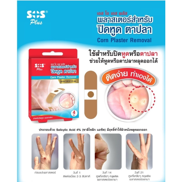 แปะตาปลา SOS Plus Corn Plaster Removal พลาสเตอร์ ปิดหูด ตาปลา 4 ชิ้น ...