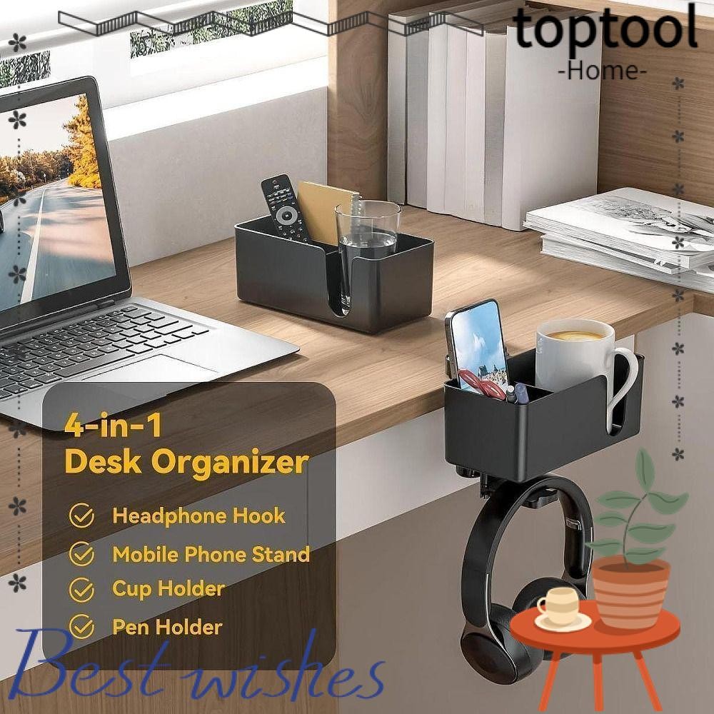 TOPTOOL กล่องข้างโต๊ะ 360° กล่องเก็บของแบบตั้งโต๊ะ 4-ใน-1 หมุนได้ องศา, ที่วางแก้วน้ําโลหะแบบถอด ...