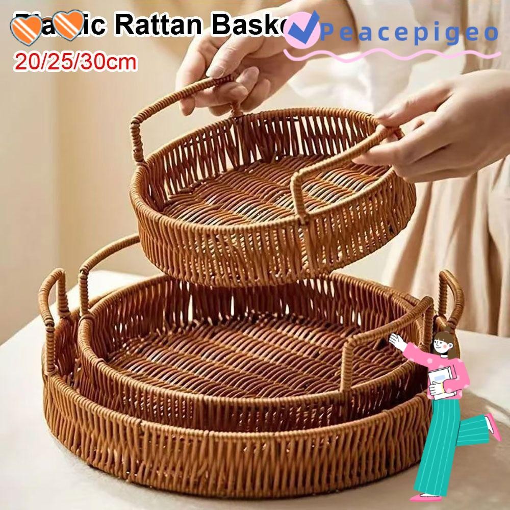 PEACEPIGEO 1 ชิ้นตะกร้าหวายทอมือ,พลาสติกเลียนแบบหวายหวายทรงกลมถาดเก็บ, 20/25/30 ซม.พร้อมจานอาหาร ...