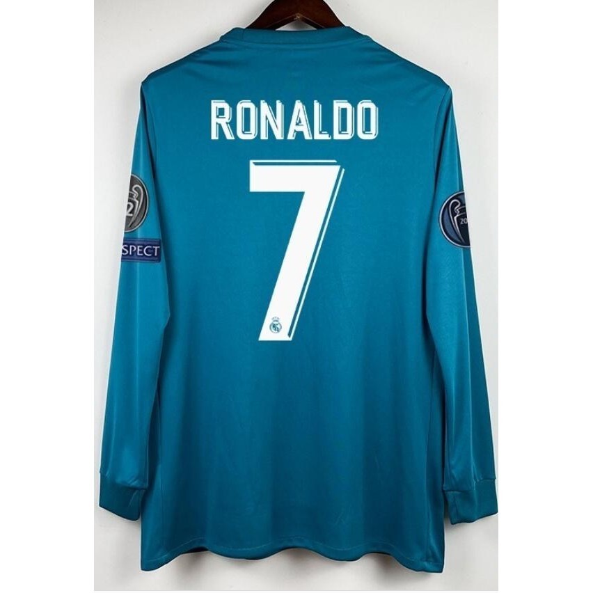Ronaldo Retro Real Madrid 2017-18 เสื้อฟุตบอลแขนยาวผู้ชายสีน้ําเงิน ...