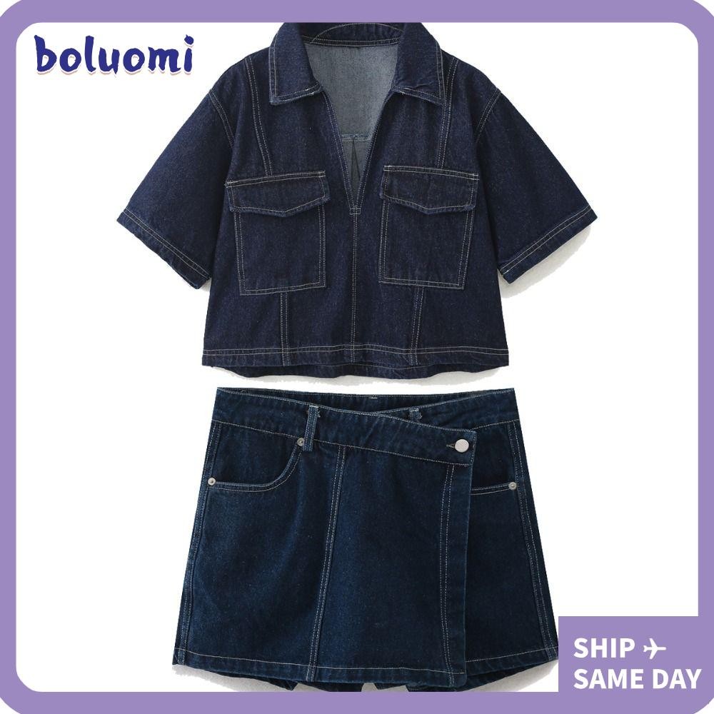 Bolomi Demin ชุดสั้น,พร้อมกระเป๋าชุดวันหยุดวินเทจ,อินเทรนด์ V Collar ...