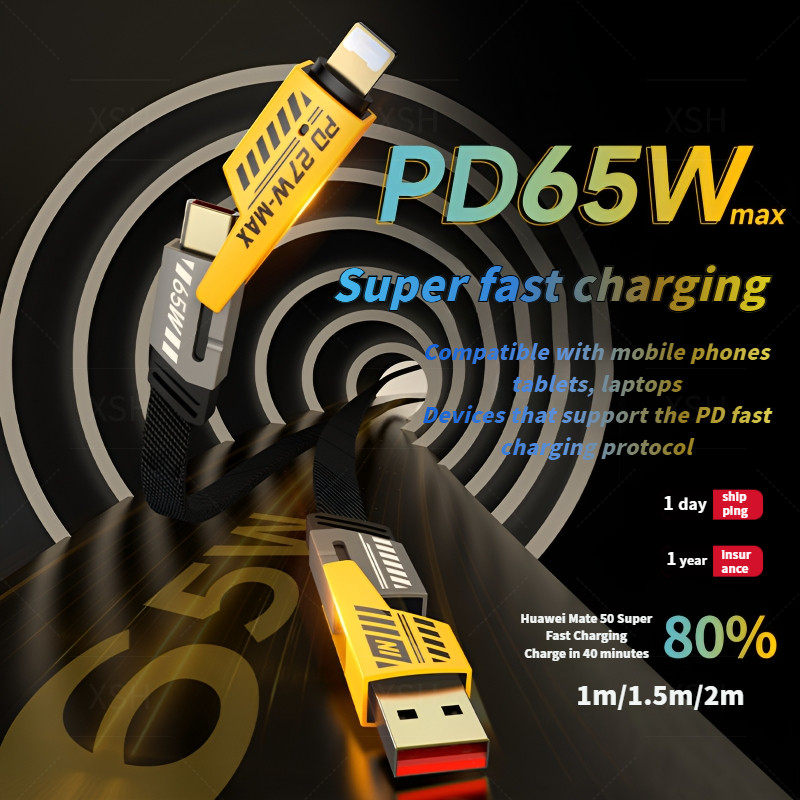 4 in 1สาย USB-C, PD 65W สายชาร์จที่รวดเร็วและการซิงโครไนซ์ข้อมูลที่มี ...
