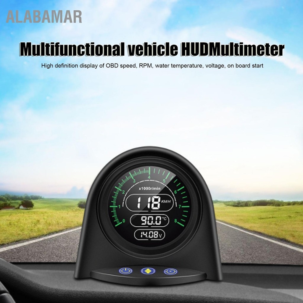 ALABAMAR รถOBD HUDสีHDหน้าจอLCD Over Speed Alarmจอแสดงผลอุณหภูมิน้ำแรงดันไฟฟ้าUniversal Digital ...