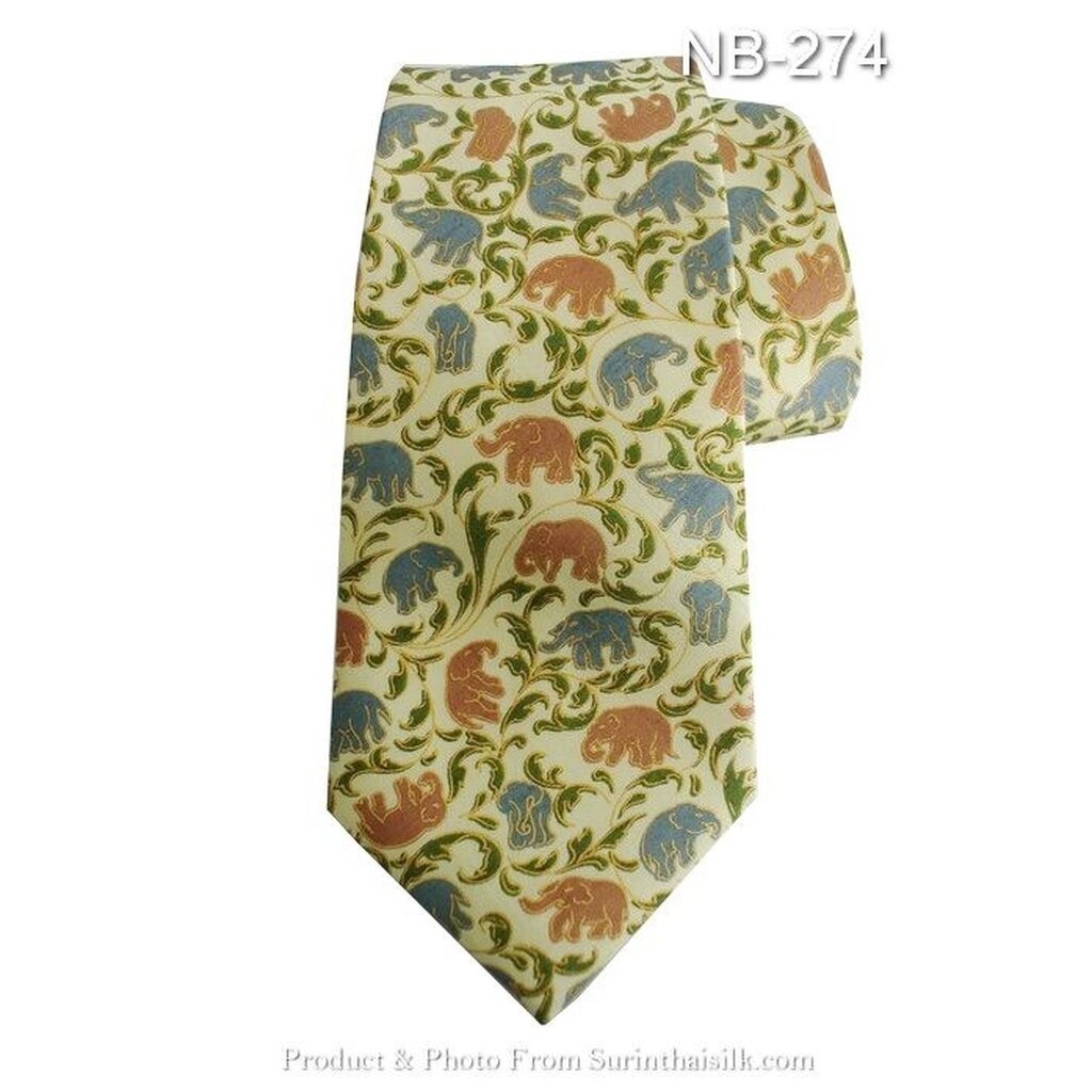 เนคไทผ้าไหมพิมพ์ลาย ลายช้าง ขนาดกว้าง 3.5นิ้ว สีเหลืองอ่อน NB-ST-NB-274 ...