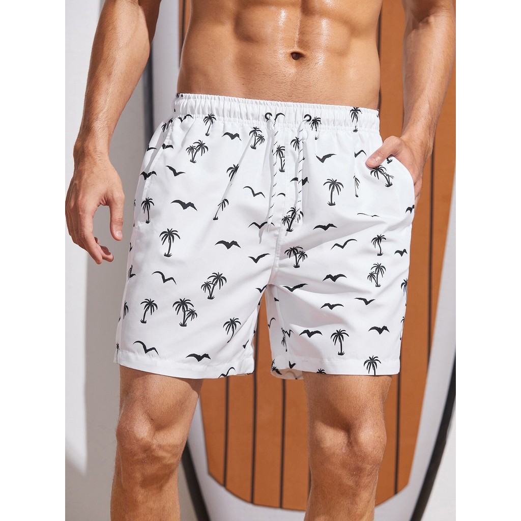 Men's Swim Trunks with Coconut Tree & Bird Graphic - Perfect for Beach ...