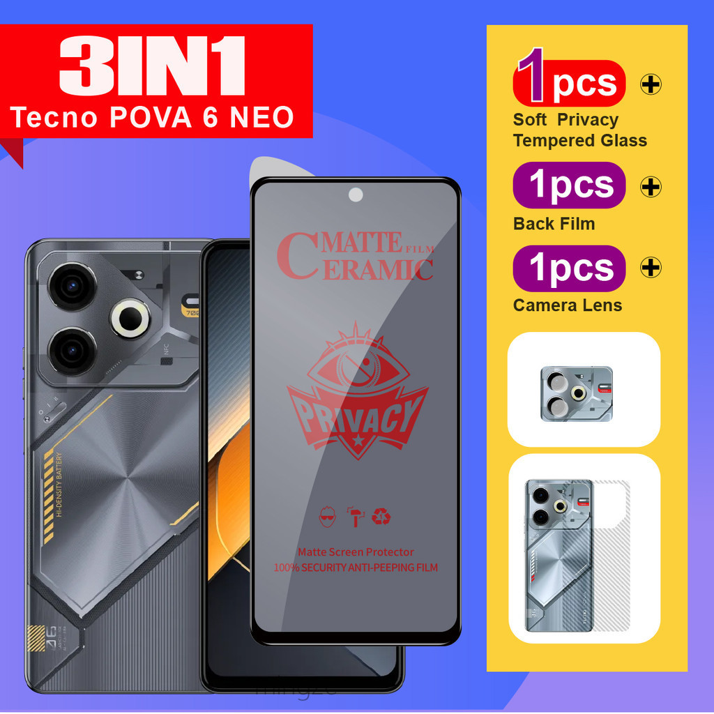 (3 In 1) สําหรับ Tecno Pova 6 Neo Anti-Spy Privacy Tempered Glass soft film สําหรับ Tecno Pova 6 ...