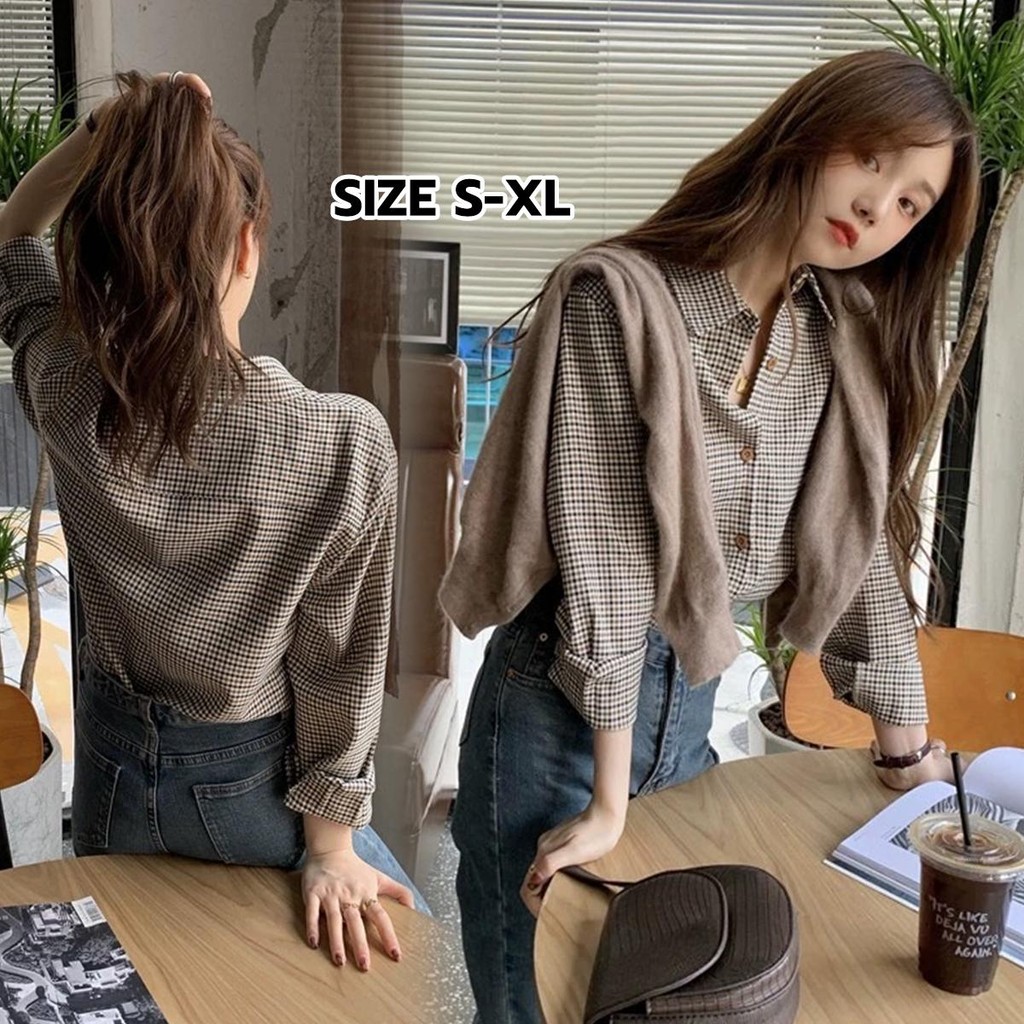 mimi&didi#เสื้อเชิ้ตแขนยาวลายสก็อตวินเทจมีไซส์ เสื้อโปโลแฟชั่นสตรี กระดุมสีน้ำตาลเก๋มากชุดน้อง ...